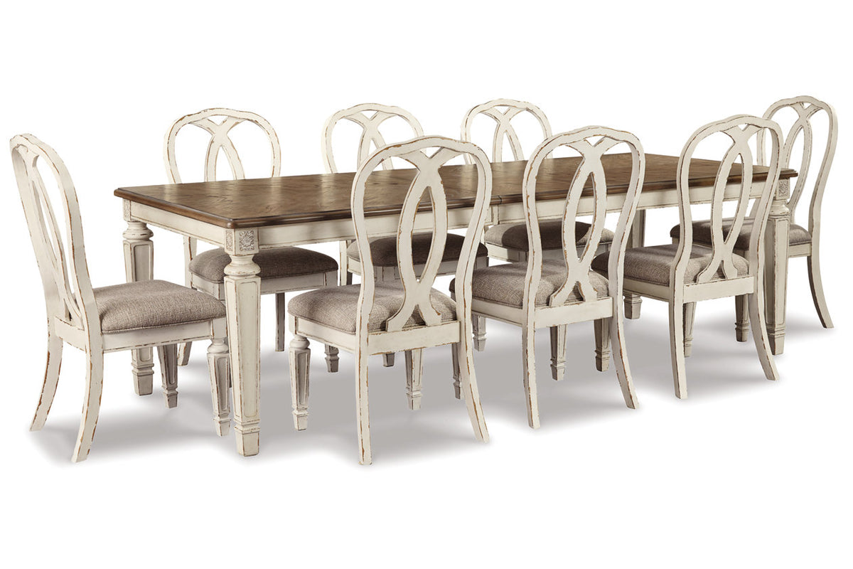 Realyn Chipped White Rectangular Dining Extension Table and 8 Ribbon B ...
