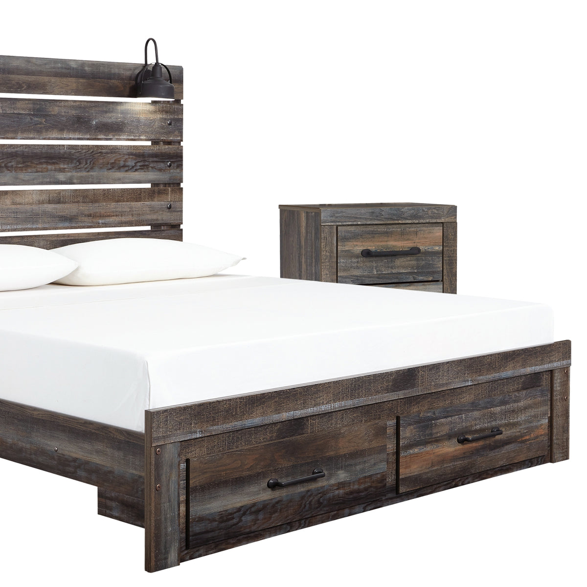 Drystan King Panel Bed with Storage with Mirrored Dresser and 2 Nights ...