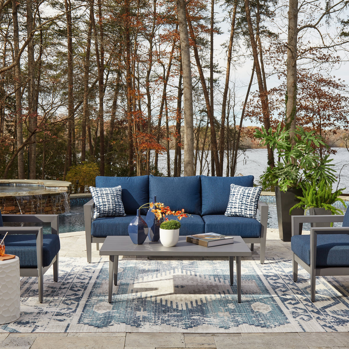 Gali Gray/Blue Outdoor Sofa/Chairs/Table Set (Set of 4) – Luna Furniture