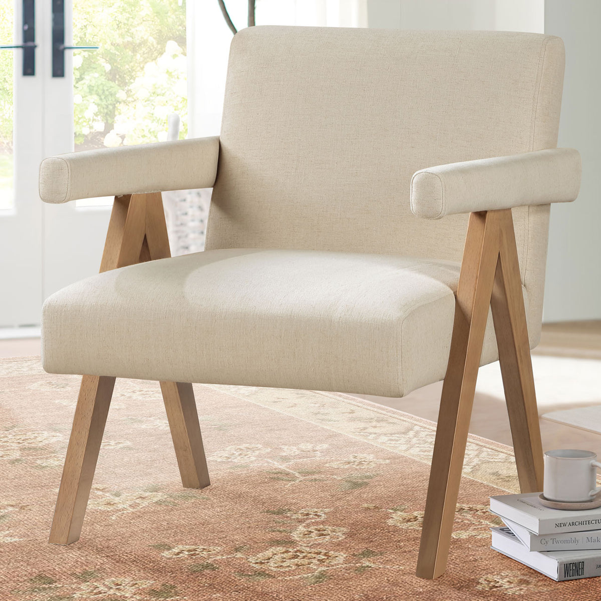 Helen Cream Fabric with Light Chestnut Wood Finish Accent Chair – Luna ...