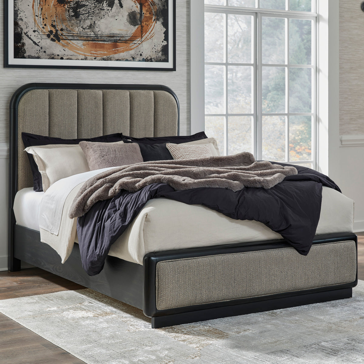 Rowanbeck Gray/Black Queen Upholstered Panel Bed – Luna Furniture