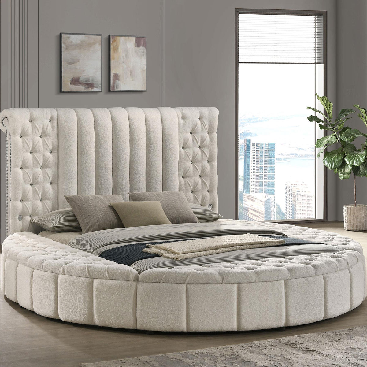 Sonya Ivory Upholstered Queen Round Storage Bed – Luna Furniture