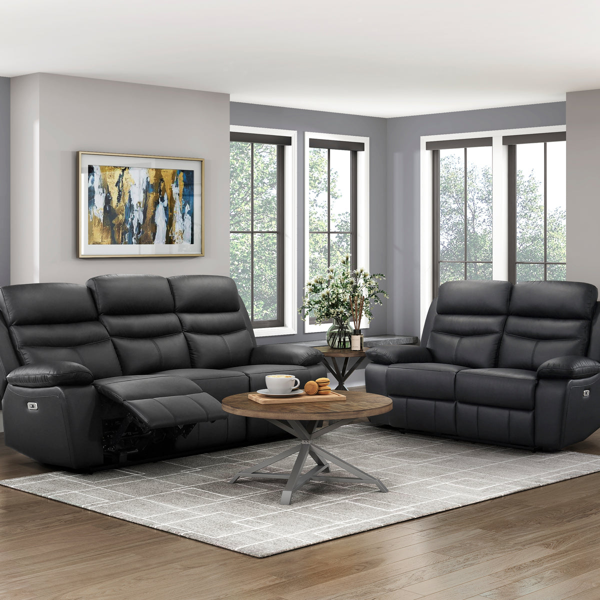 Hancock Black Leather Power Double Reclining Living Room Set – Luna ...