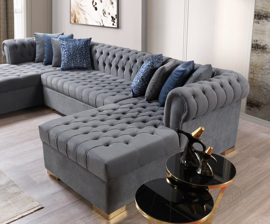 Lauren Gray Velvet Double Chaise Sectional - Luna Furniture